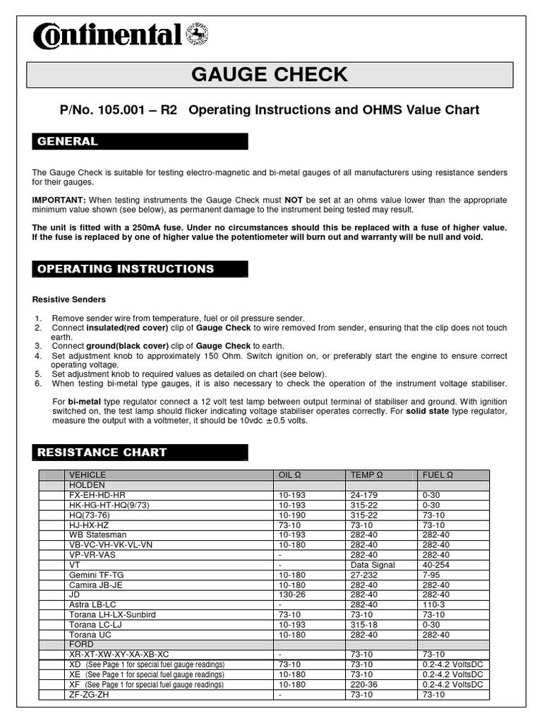 VDO 105.001 Ver-R4c Gauge Check Brochure | PDF | Voltage | Motor Vehicle