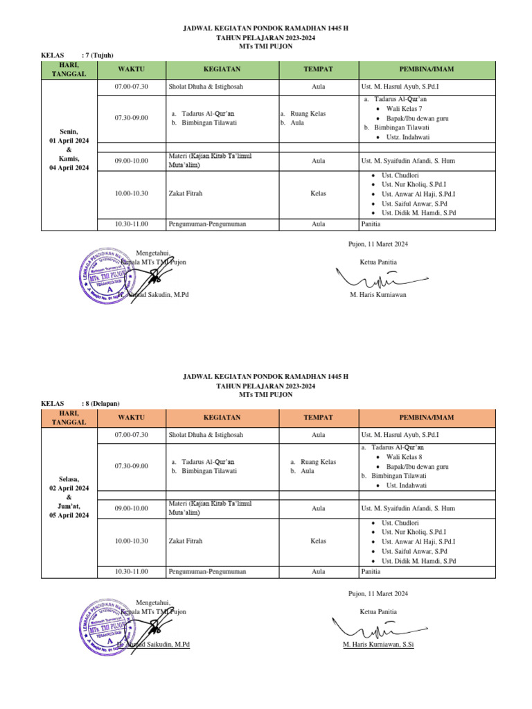 Jadwal Pondok Romadhon Tahun 2024 MTS Tmi Pujon | PDF