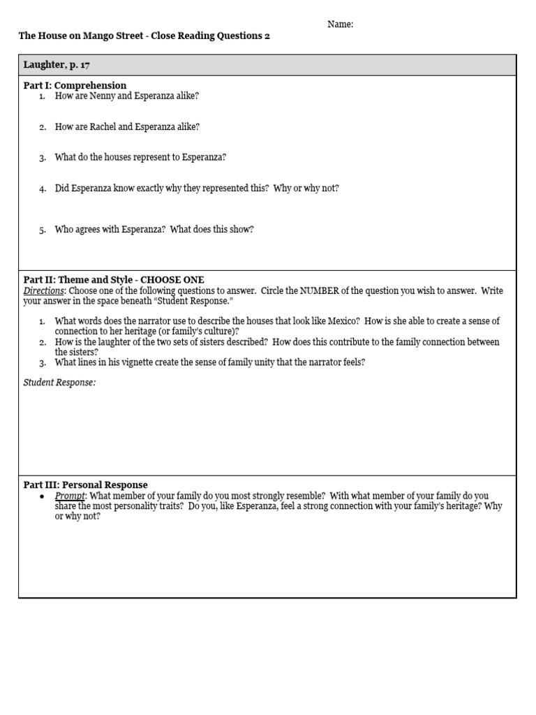 Mango Street Close Reading Qs 2 | PDF