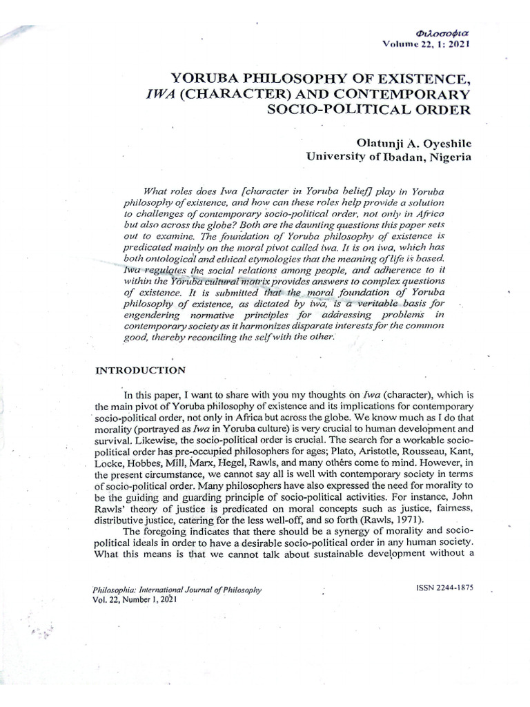 Yoruba Philosophy of Existence Iwa(Character) and Contemporary Socio ...