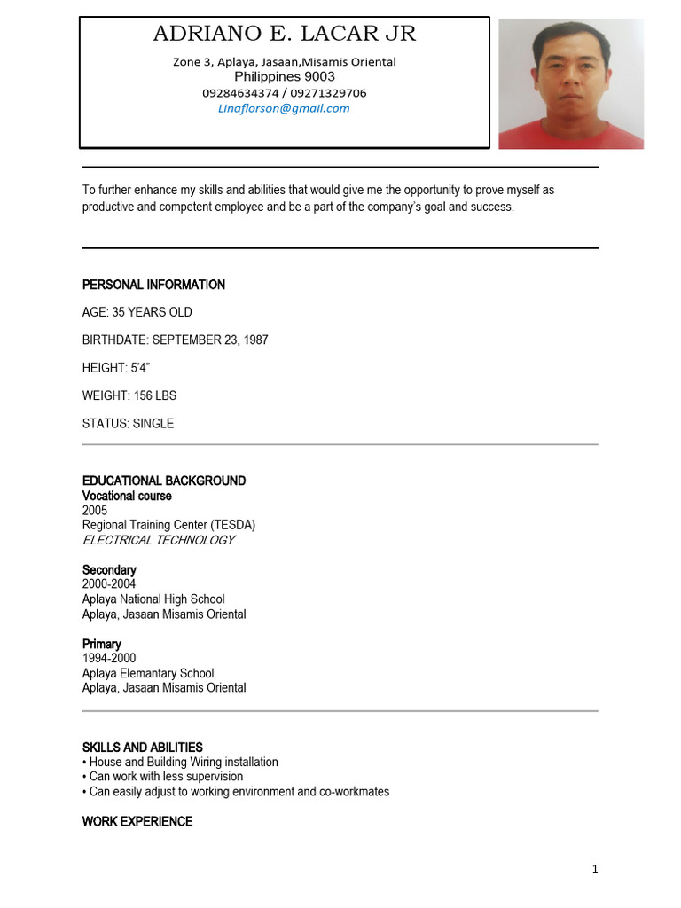 ADRIANO LACAR Jr. - Industrial Electrician | PDF | Electrical Wiring ... ADRIANO LACAR Jr. - Industrial Electrician | PDF | Electrical Wiring ...