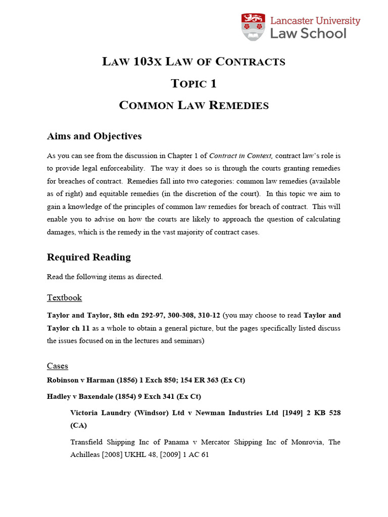 Contract Law Workshop Week 5 | PDF | Damages | Causation (Law)