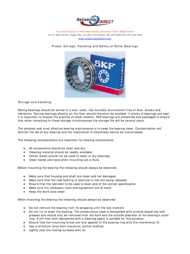 Storage, Handling, Safety of Roller Bearings | PDF | Bearing ...