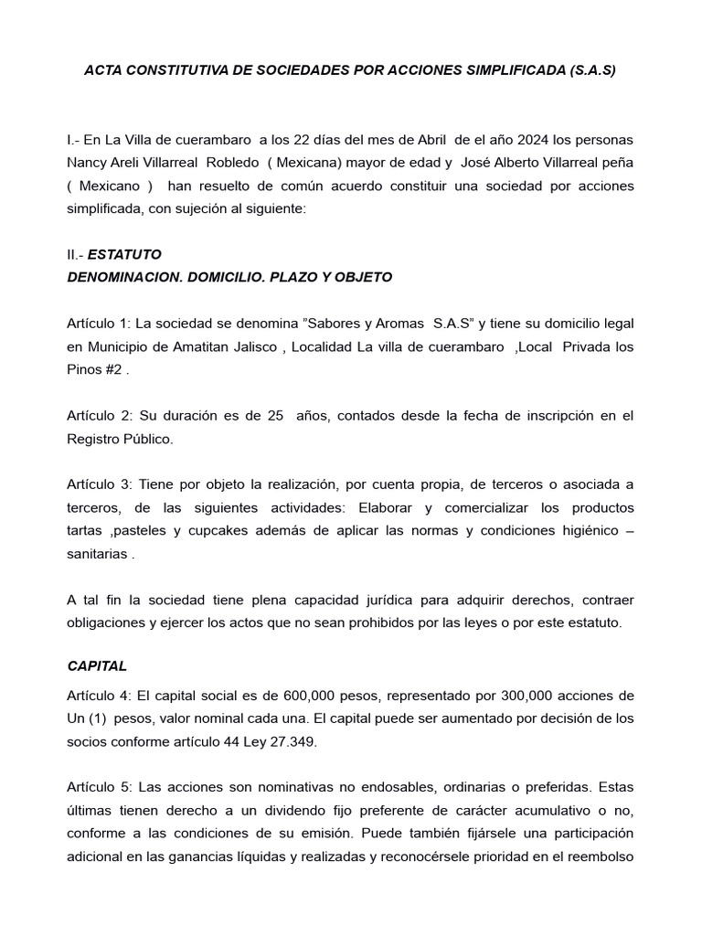 Acta Constitutiva | PDF | Documento de identidad | Compartir (Finanzas)