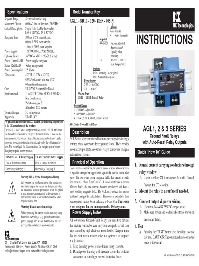 AGL Series Auto-Reset Relay Guide | PDF | Relay | Electrical Wiring