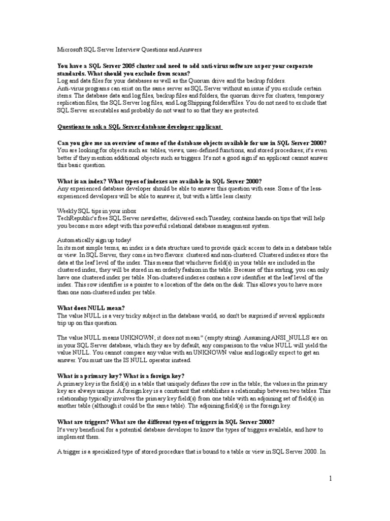 Microsoft Sql Server Interview Questions And Answers Pdf Microsoft Sql Server Database Index 