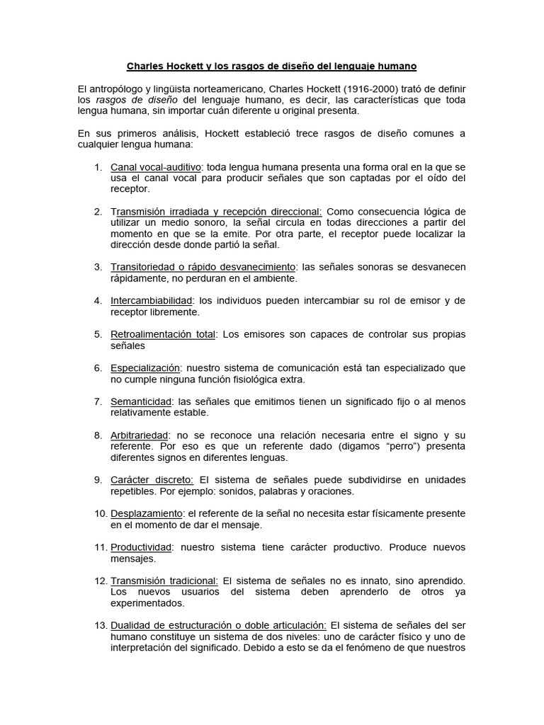 CHARLES HOCKETT Y LOS RASGOS DE DISEÑO DEL LENGUAJE HUMANO | PDF ...