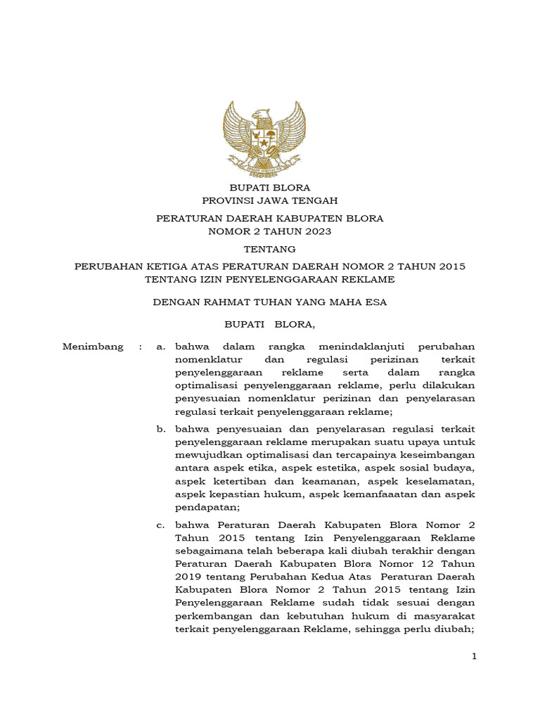 Perda 2 2023 Perub3 Penyelenggaraan Reklame | PDF