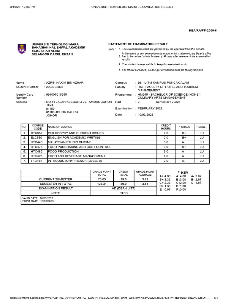 UiTM Culinary Arts Exam Results | PDF