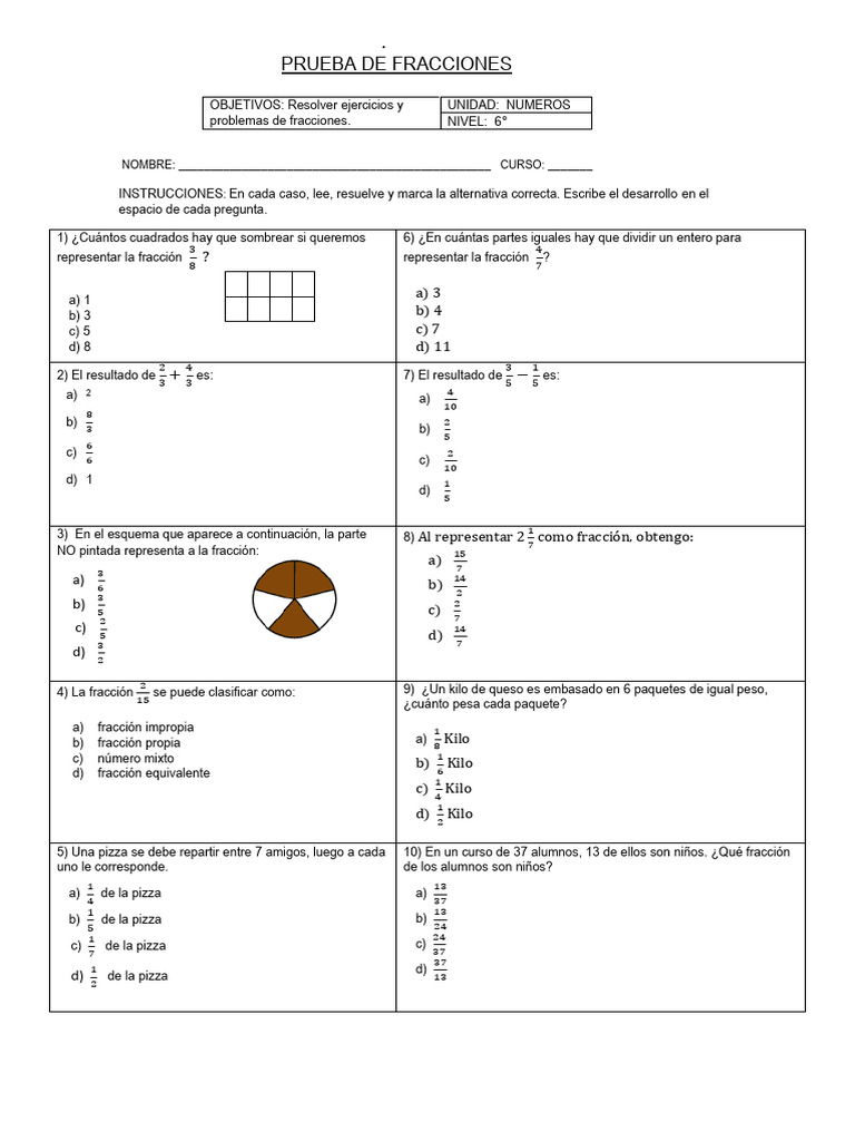 Prueba - de - Fracciones 6º | PDF
