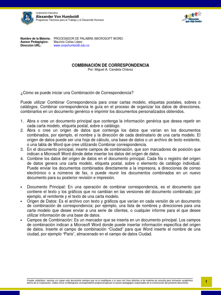 Combinación de Correspondencia: Alexander Von Humboldt | PDF | Bases de datos | Microsoft Word