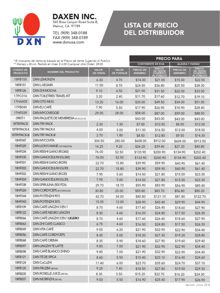 Lista de Precios DXN USA 2018 | PDF