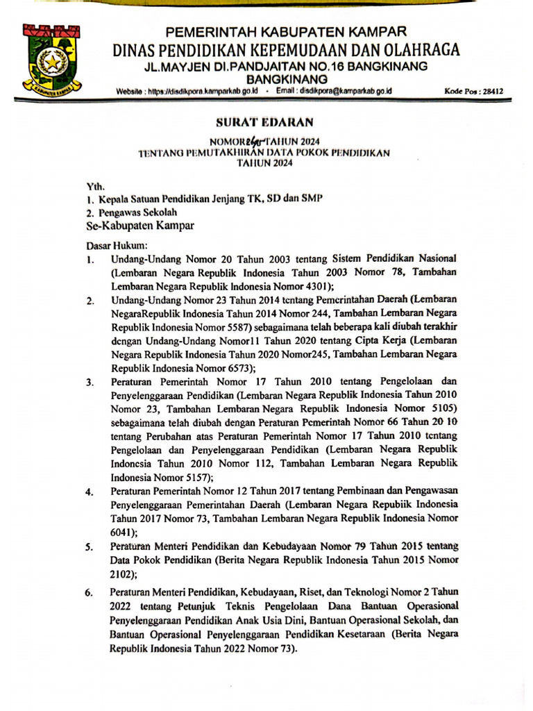 Surat Edaran Pemutakhiran Data Dapodik-1 | PDF