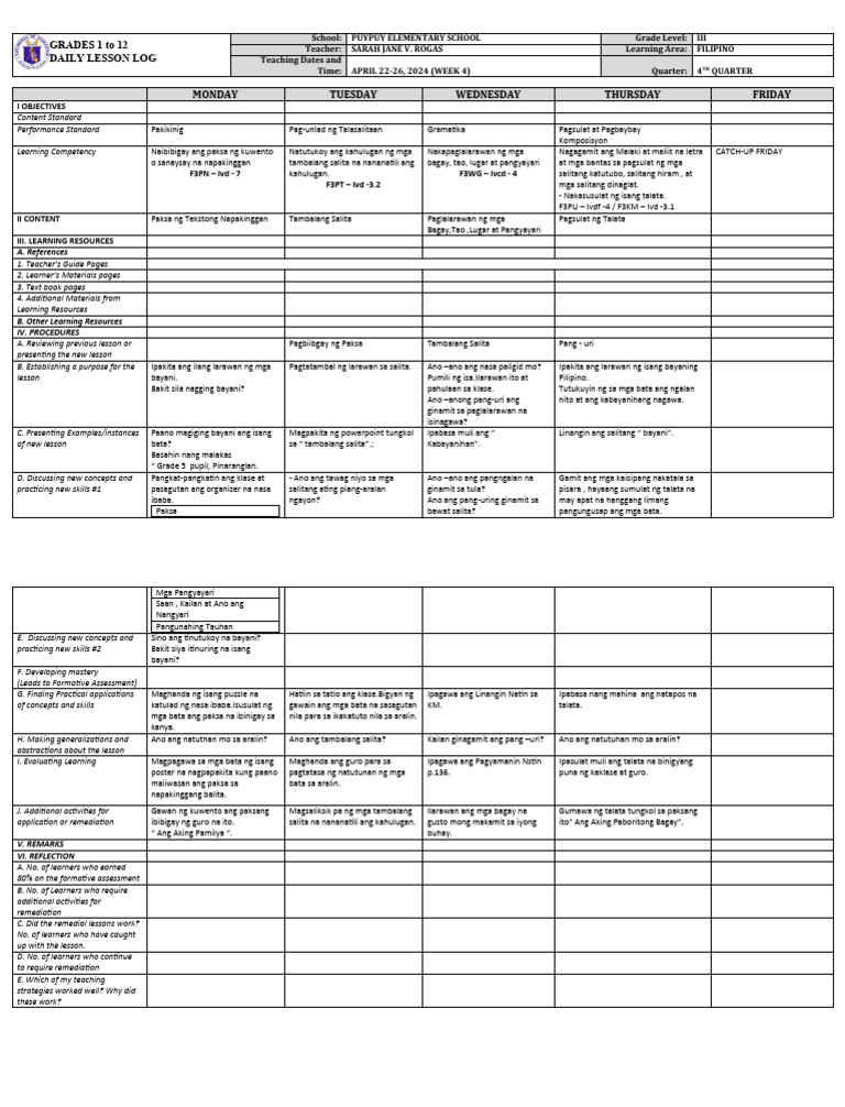 DLL - Filipino 3 - Q4 - W4 | PDF