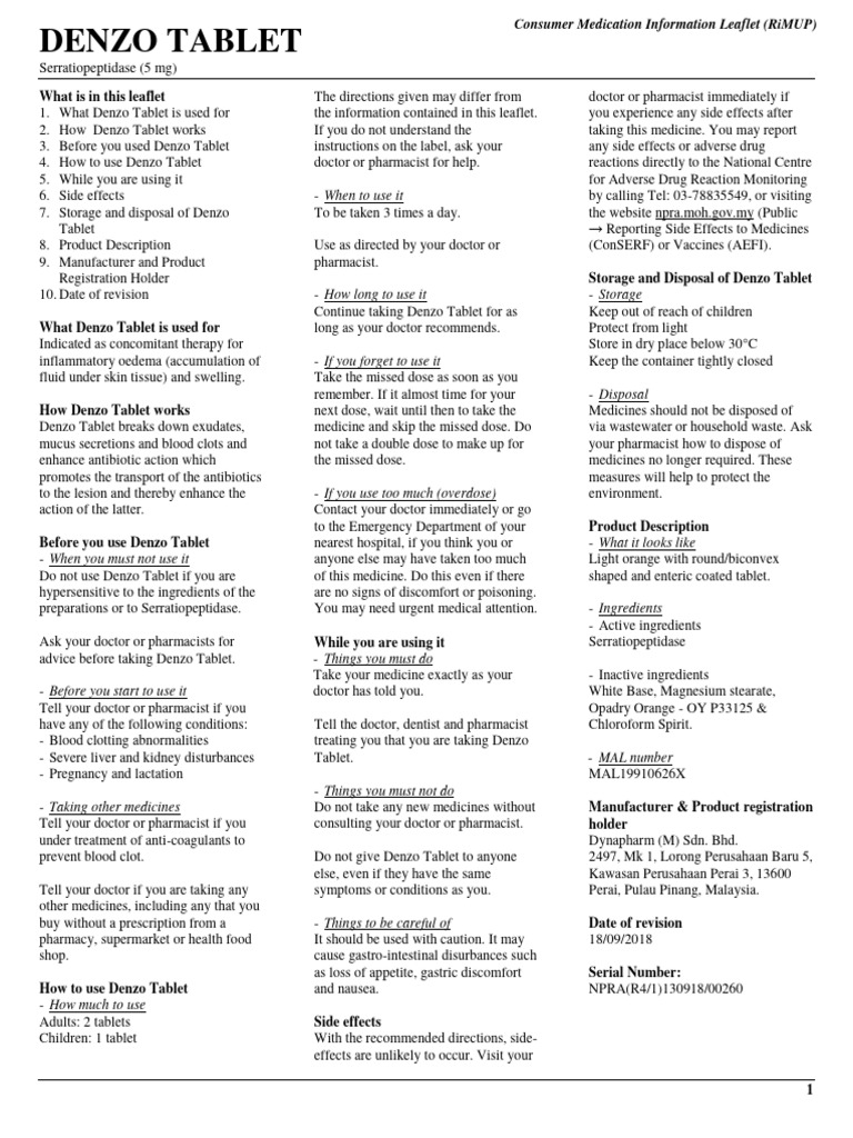 Denzo Tablet Serratiopeptidase DYNAPHARM M SDN. BHD. 18sep2018 ENG ...