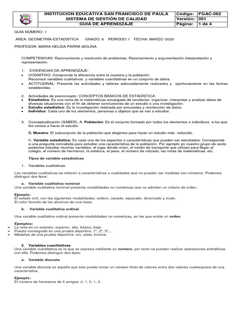 Guía de Aprendizaje 6. Geometría - Estadistica | PDF | Estadísticas | Aprendizaje