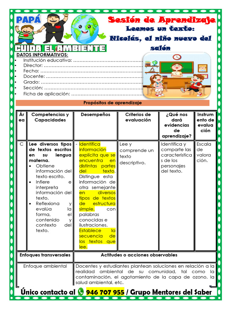 2° Sesión Día 1 Com Leemos Un Texto Nicolás El Niño Nuevo Del Salón ...