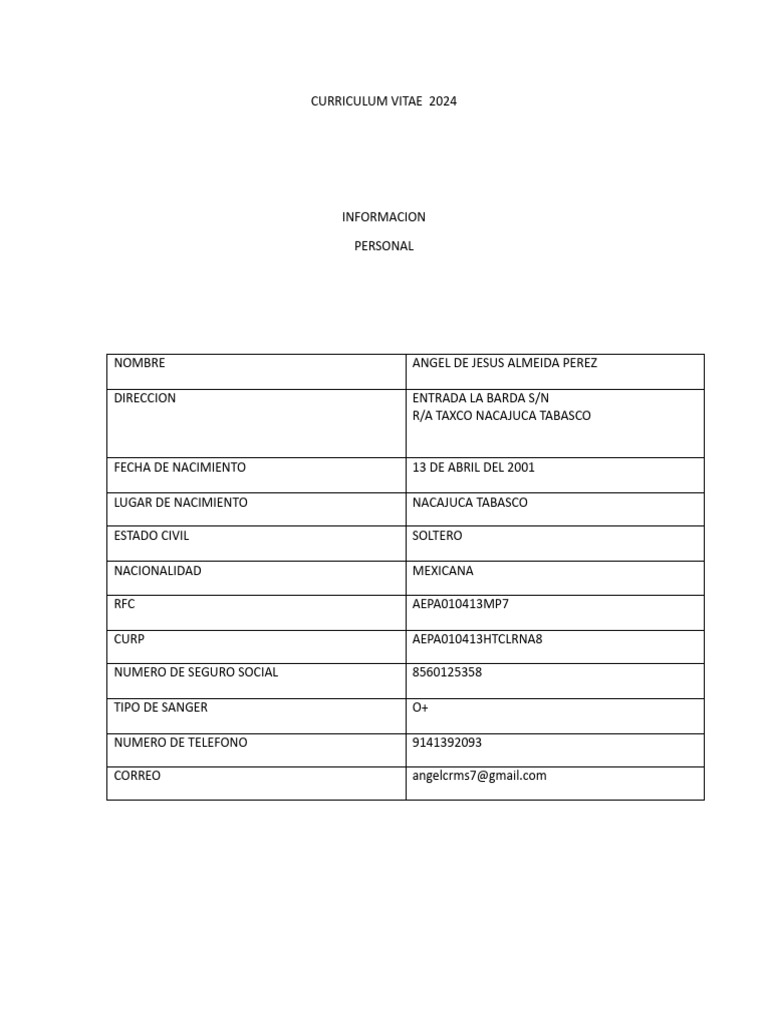 Curriculum Vitae 2024 de Angel Almeida | PDF