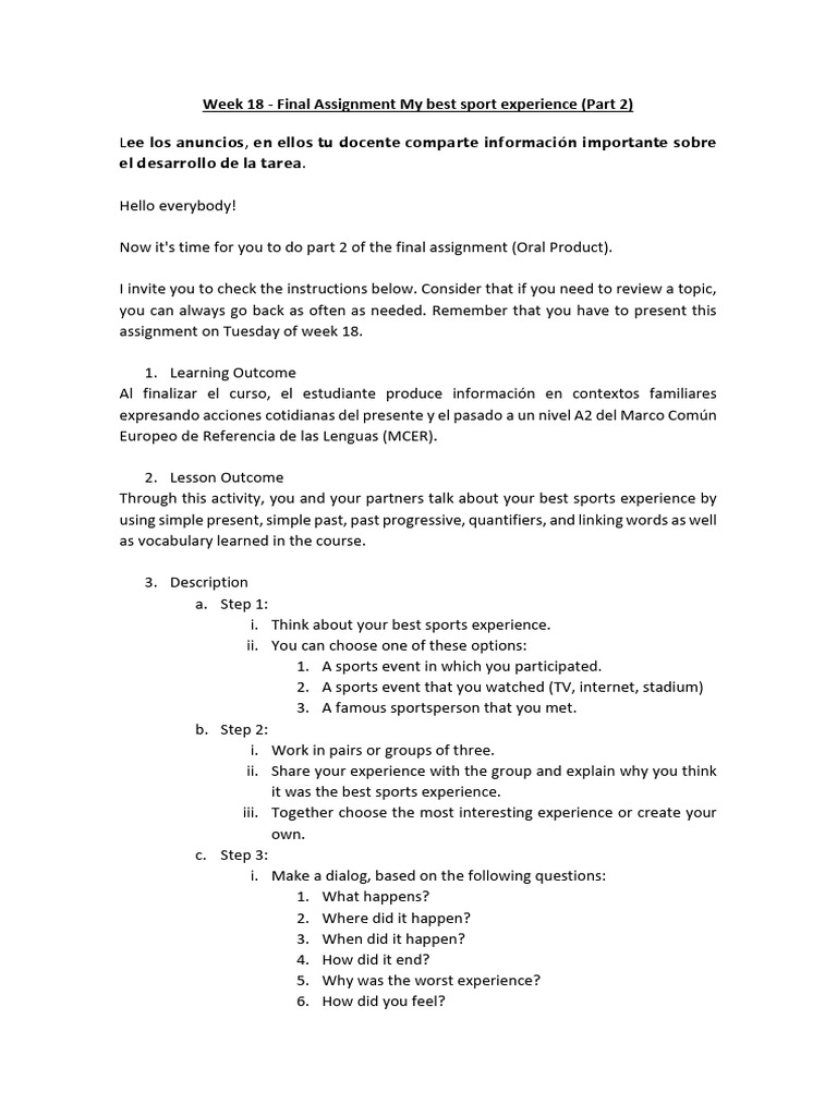 Week 18 - Final Assignment My Best Sport Experience (Part 2) | PDF | Fonética | Comunicación humana