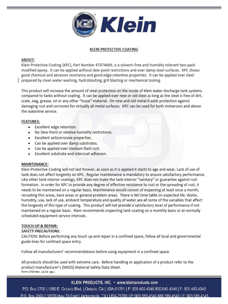 Form 2706 Rev 12-2016 - KPC Klein Protective Coating - Red Oxide - English | PDF | Volatile ...