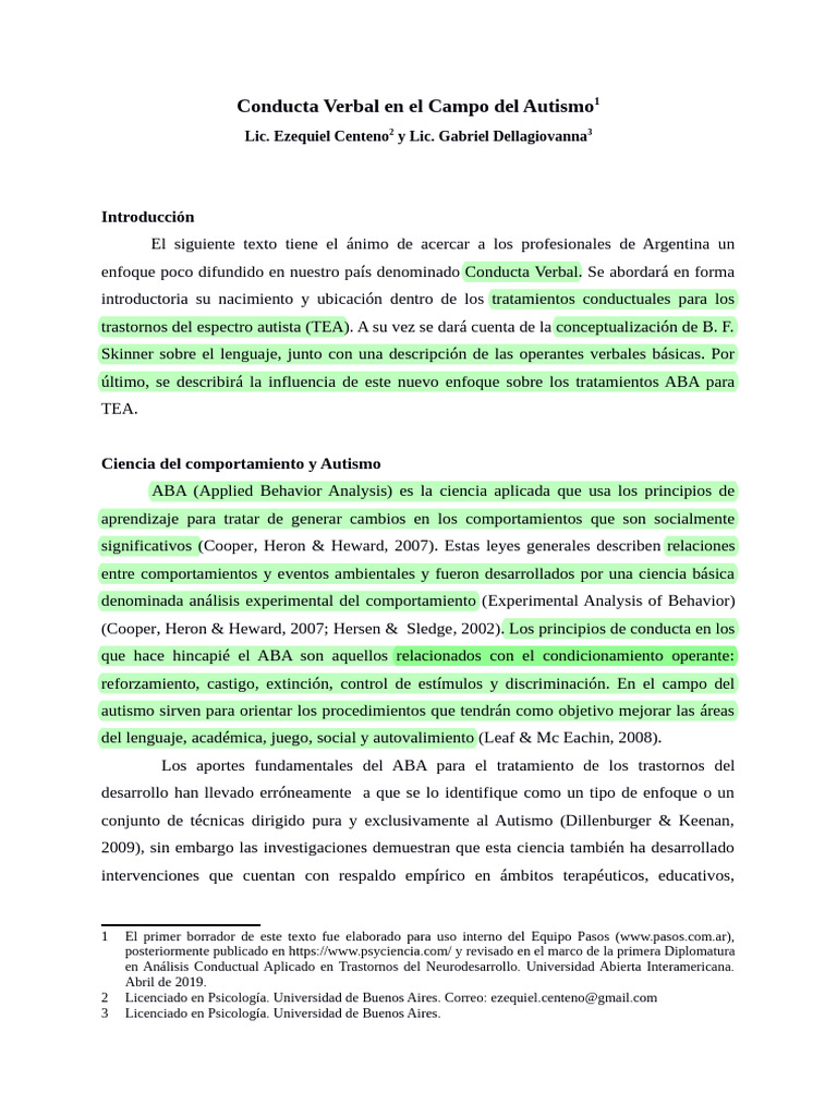 Conducta Verbal y Autismo: Enfoques ABA | PDF | Reforzamiento ...