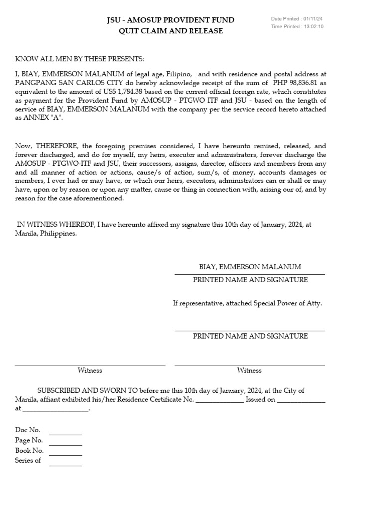 AMOSUP Provident Fund Quit Claim Form | PDF