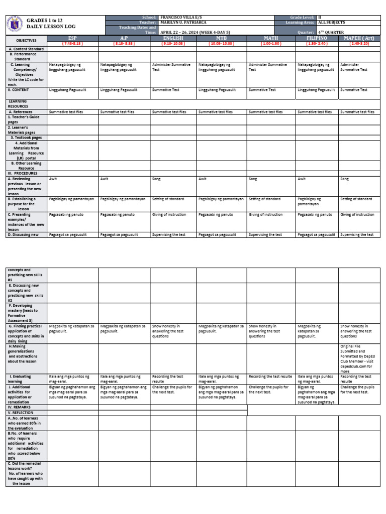 DLL All Subjects 2 q4 w4 d5 | PDF | Human Communication | Pedagogy