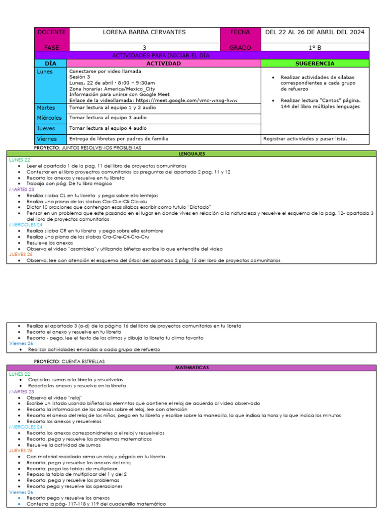 Actividades Semanales 1° B: 22-26 Abr 2024 | PDF