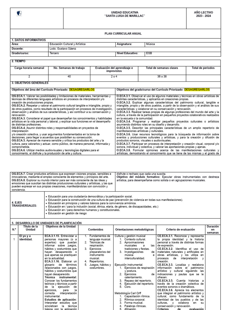 Plan Curricular Anual PCA 3 EGB | PDF | Ritmo | Plan de estudios