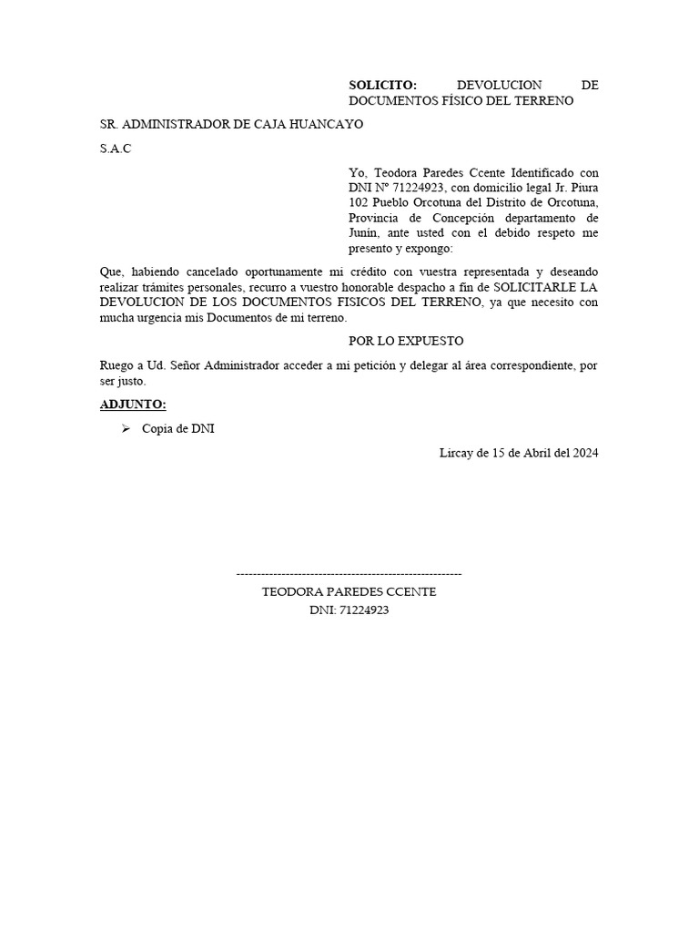 Solicitud - Devolucion de Documentos | PDF