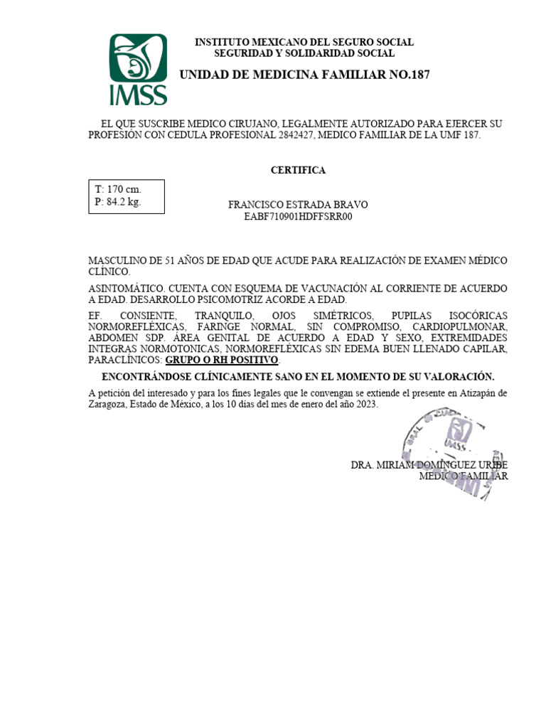 Certificado Medico Imss | PDF | Medicina CLINICA | Servicios públicos