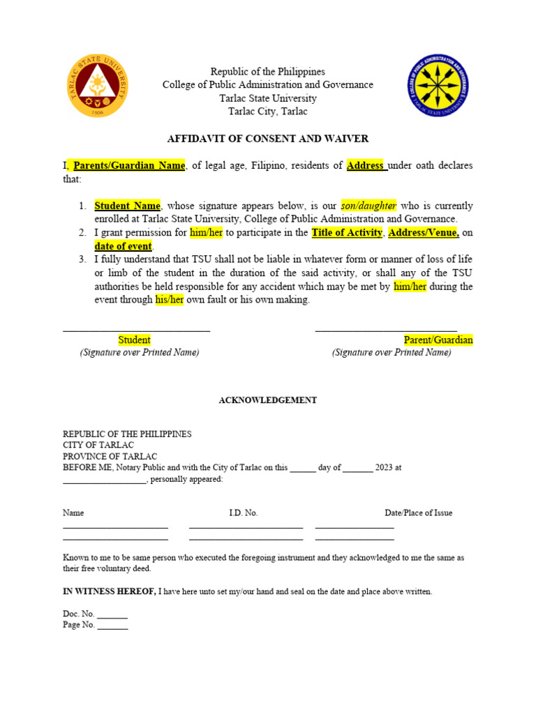 Affidavit of Consent and Waiver Form | PDF | Law