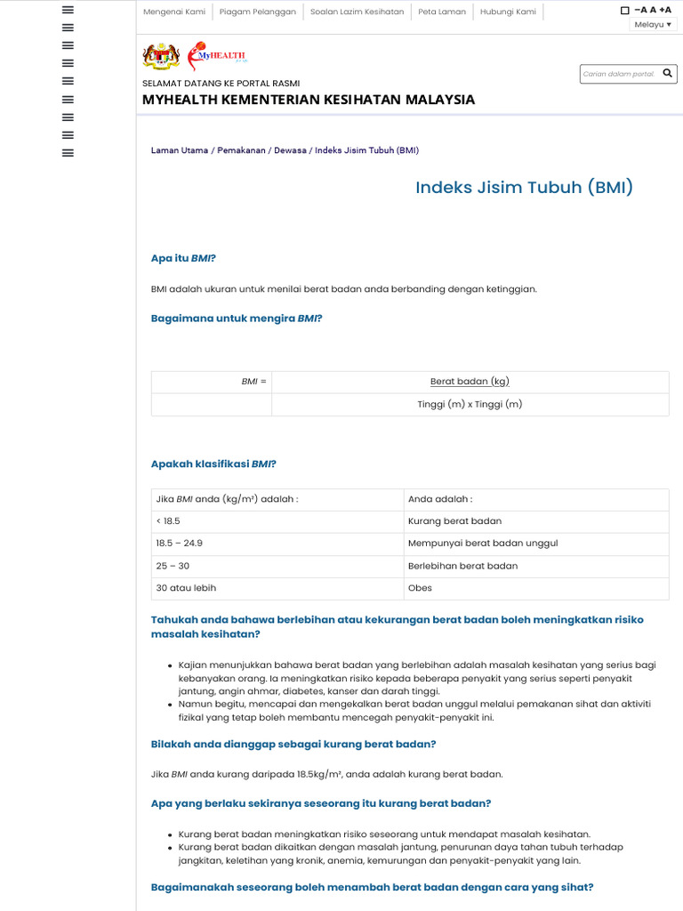 Indeks Jisim Tubuh (BMI) - Portal MyHEALTH | PDF