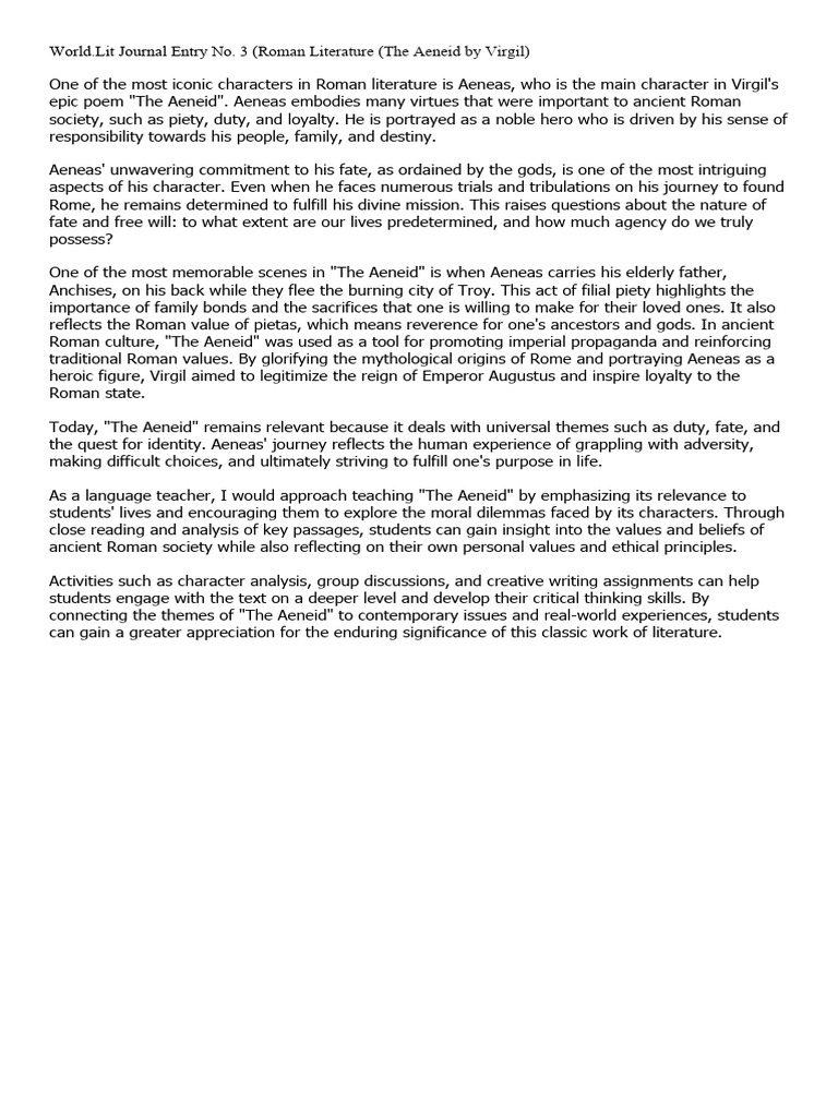 World - Lit Journal Entry No. 3 (Roman Literature (The Aeneid by Virgil ...