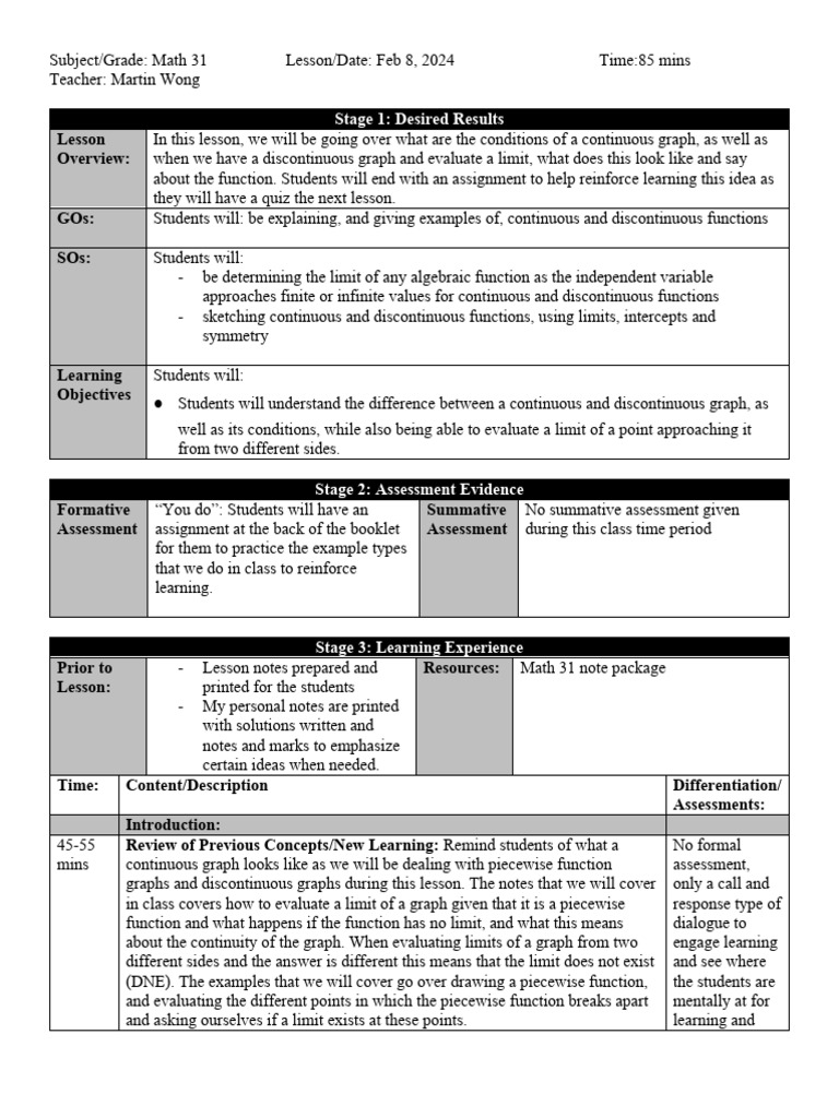 One-Sided Limits Lesson Plan Math 31 | PDF | Behavior Modification ...