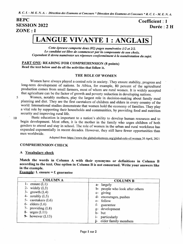 Bepc 2022 Zone I Lv1 Ang | PDF