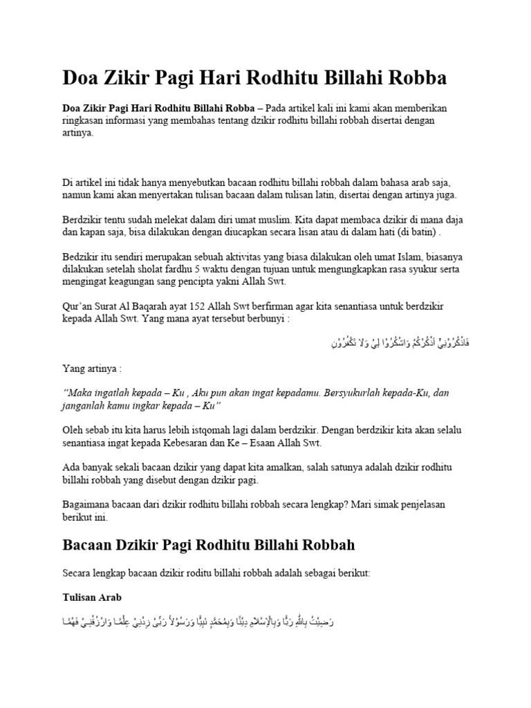 Doa Zikir Pagi Hari Rodhitu Billahi Robba | PDF | Seni & Disiplin Bahasa | Agama & Spiritualitas
