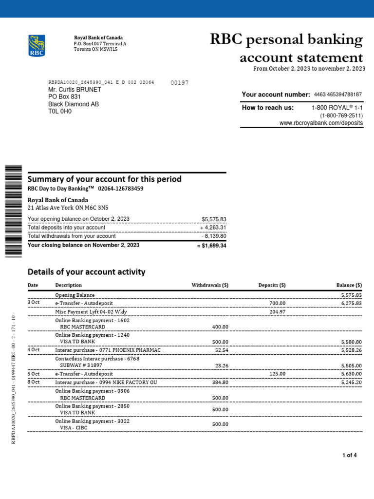 Curtis BRUNET Bank Statement | PDF | Banks | Cheque