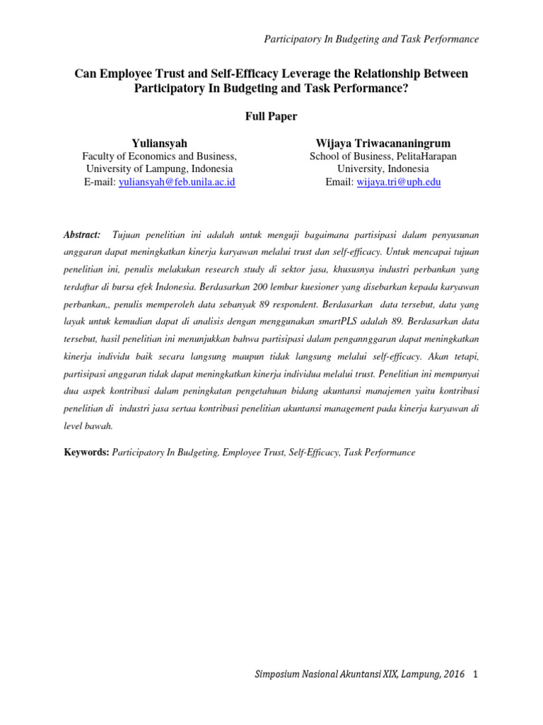 Budgeting Participation & Task Performance Study | PDF | Self Efficacy ...