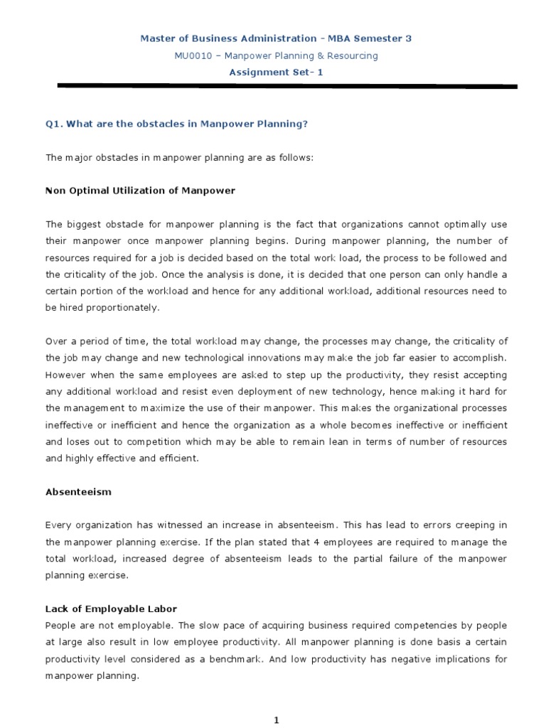Non Optimal Utilization of Manpower: Master of Business Administration ...