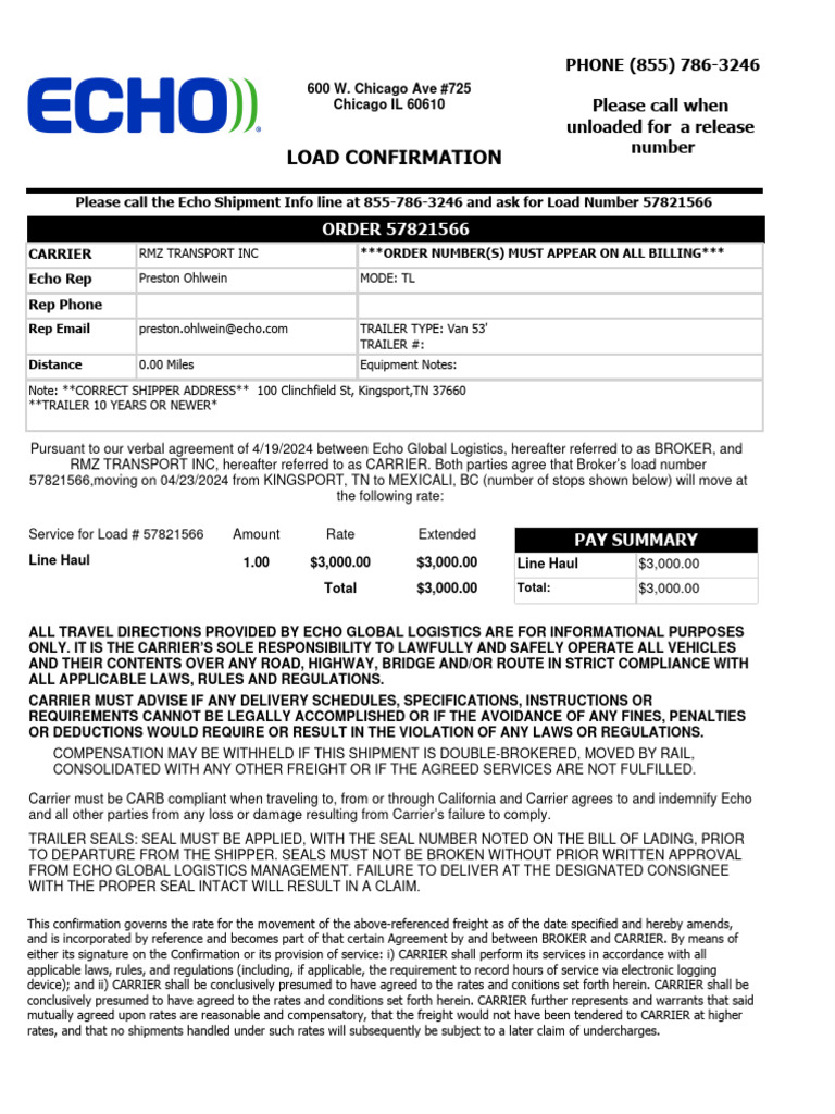 Rate Confirmation 57821566 | PDF | Cargo | Transport