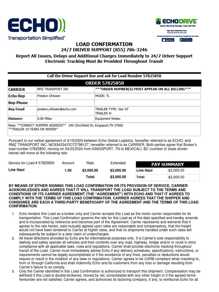 Rate Confirmation 57825850 | PDF | Cargo | Transport