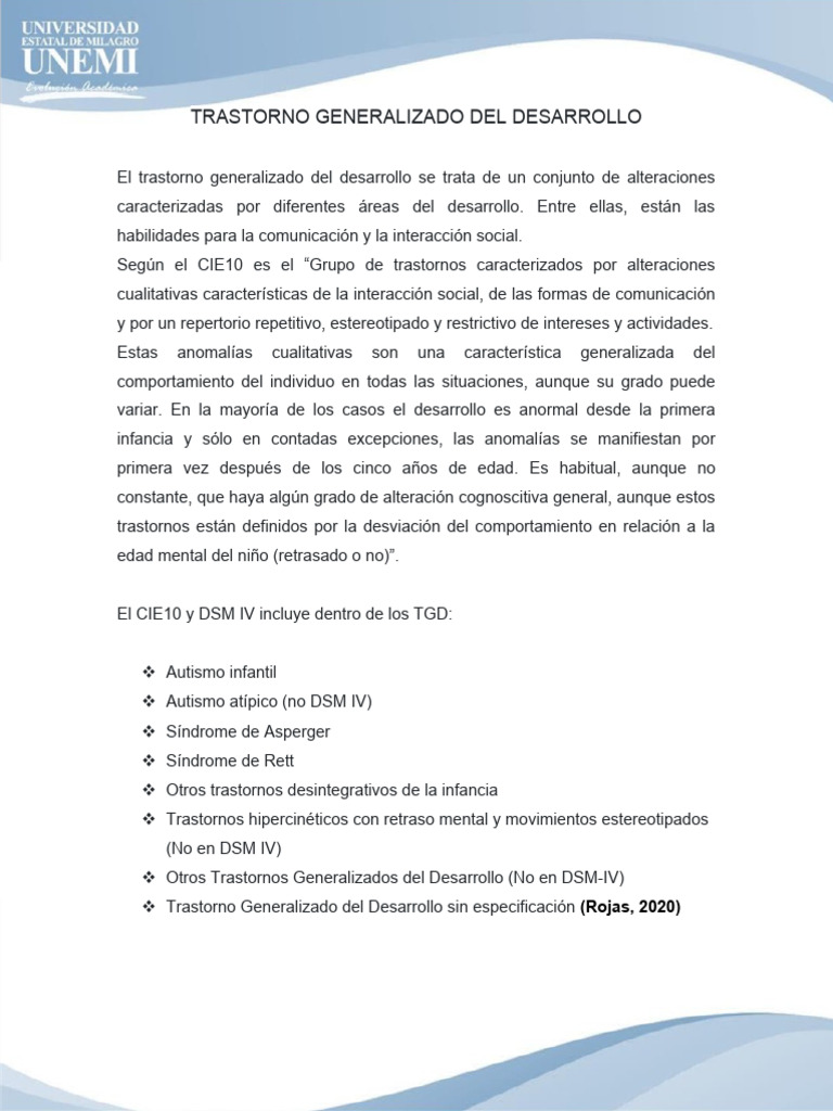 Trastorno generalizado del desarrollo | PDF | Trastornos profundos del desarrollo | Ciencias del ...