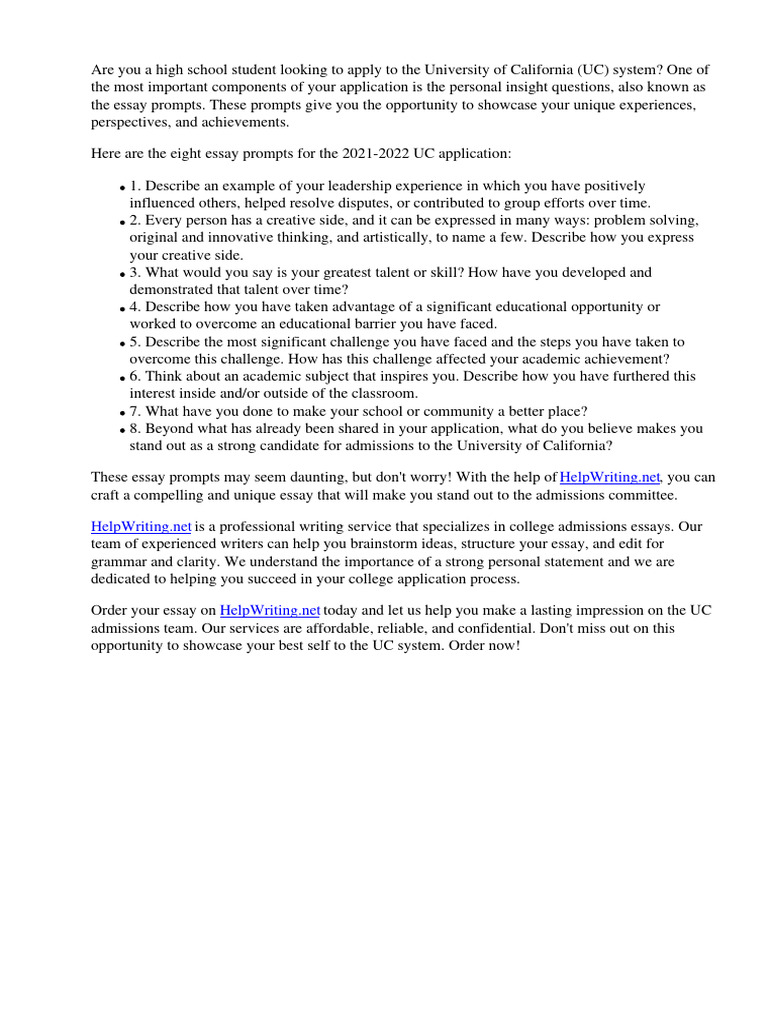 Uc Application Essay Prompts | PDF | Essays | University And College ...