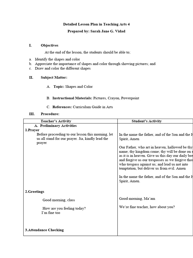 Detailed Lesson Plan in Teaching Arts 4 | PDF | Shape | Lord's Prayer