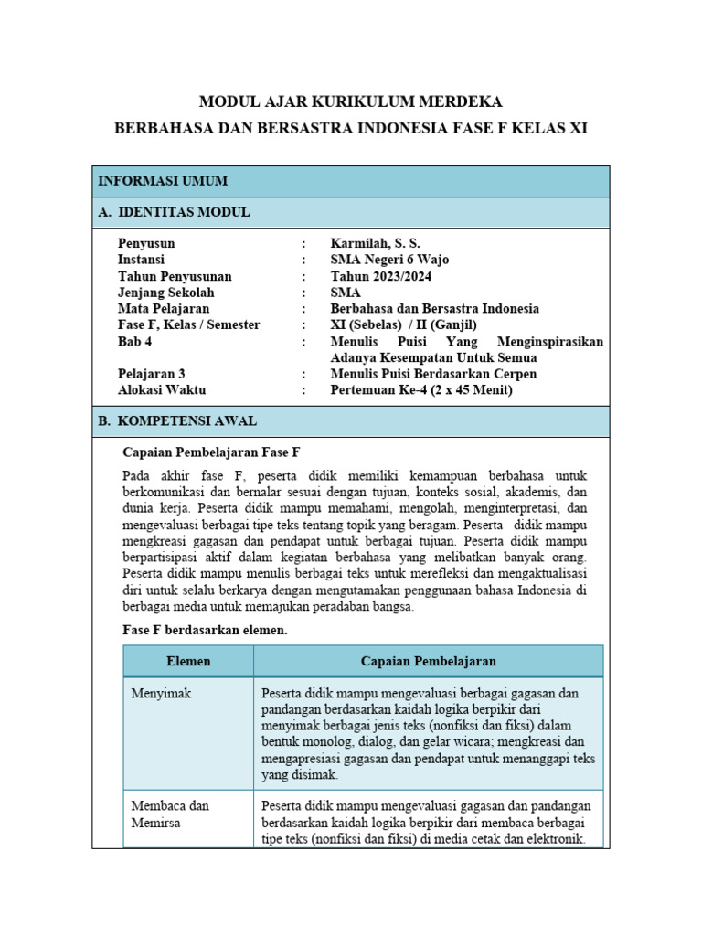 Modul Ajar Xi Observasi | PDF | Karier & Perkembangan | Seni & Disiplin Bahasa