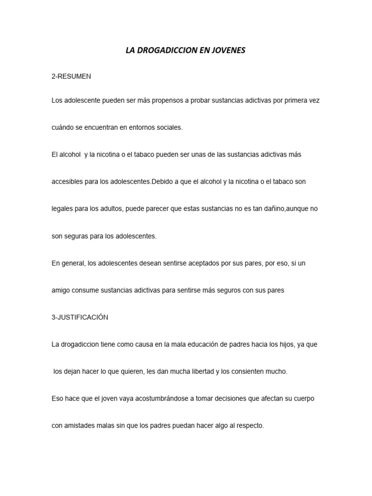 LA DROGADICCION EN JOVENES | PDF | La dependencia de sustancias | Adolescencia