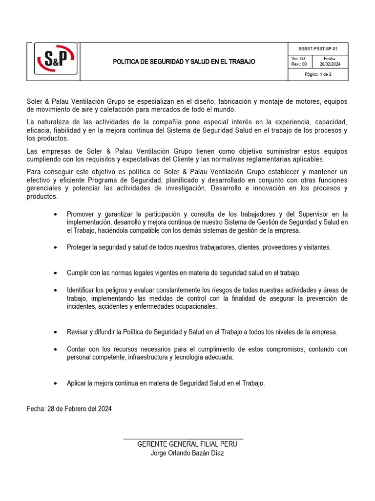SGSST-PSST-SP-001 Politica de Seguridad y Salud en El Trabajo 2024 ... SGSST-PSST-SP-001 Politica de Seguridad y Salud en El Trabajo 2024 ...