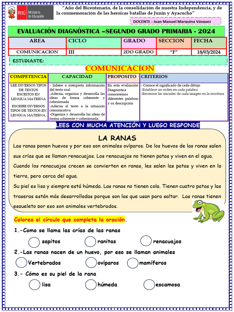 Evaluación Diagnóstica 2do Grado 2024 | PDF | Rana | Evaluación