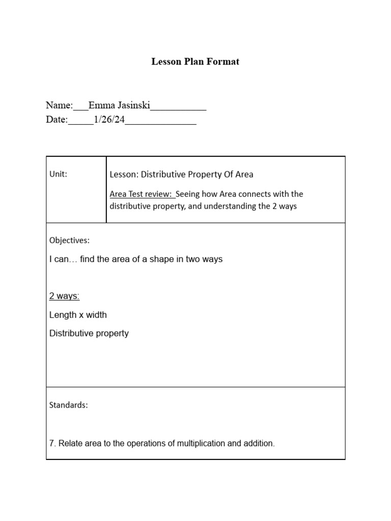 Lesson Plan Observation 1 Emma Jasinski | PDF | Area | Length